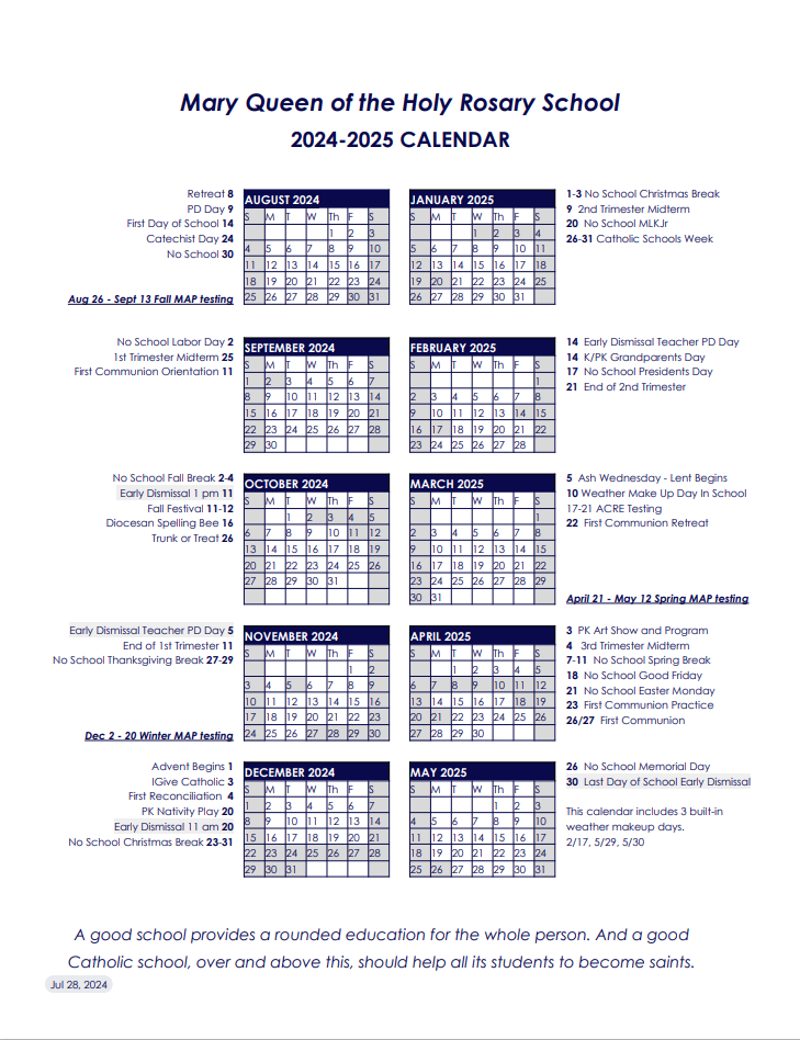 Mary Queen of the Holy Rosary School - School Calendars - Lexington, KY